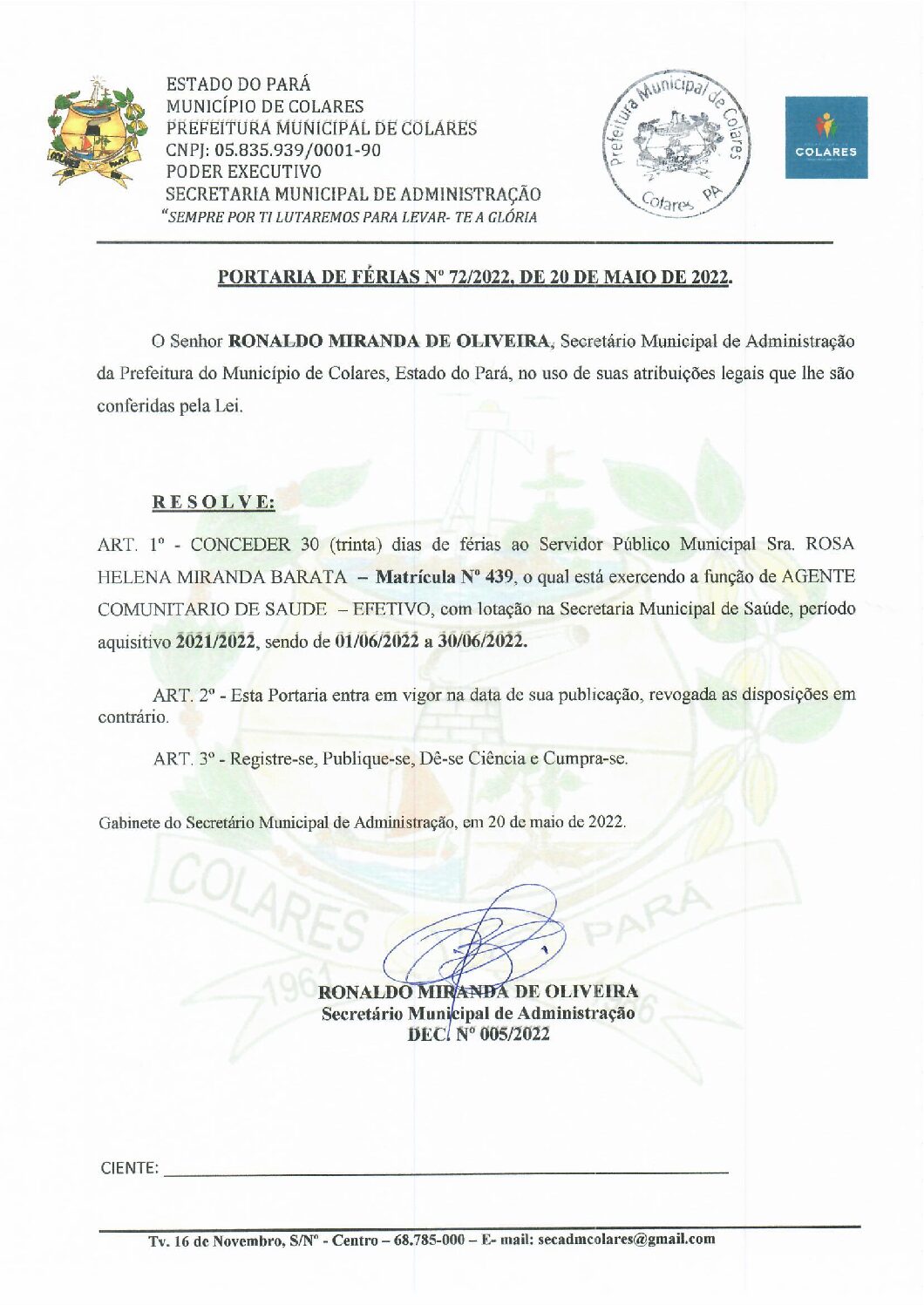 portaria de férias nº 072-2022-rosa helena miranda barata - Prefeitura ...